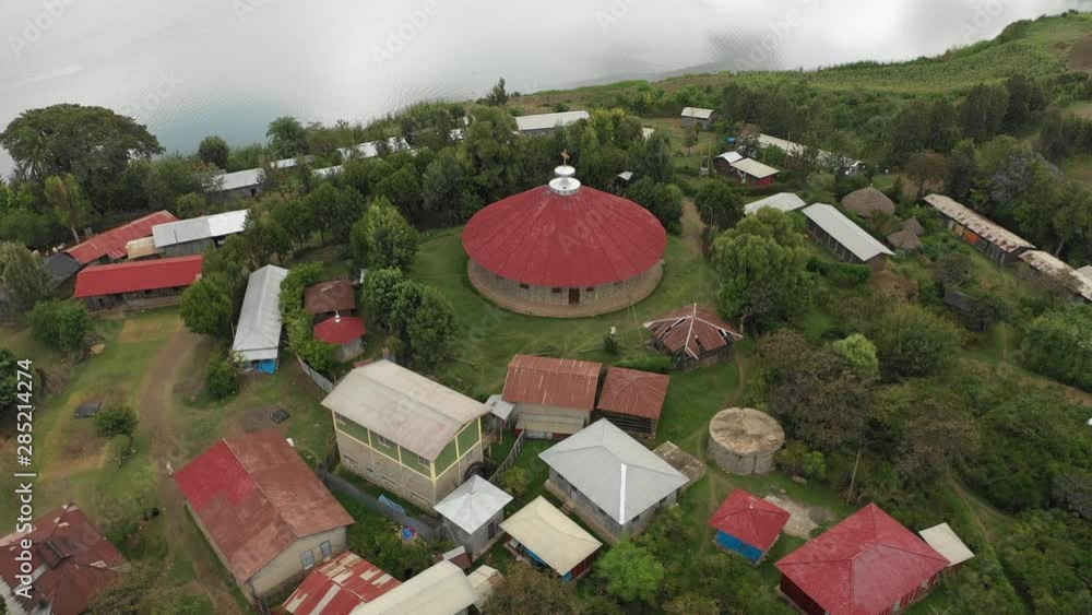 Rotating drone flight of Hayk monastery, a rebuilt historic structure ...