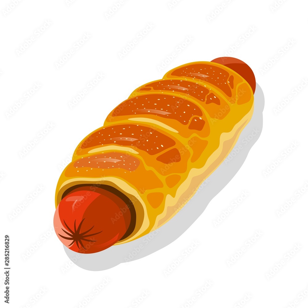 Appetizing hot dog bun. Pig in a blanket. Sausage bread roll. Meat ...