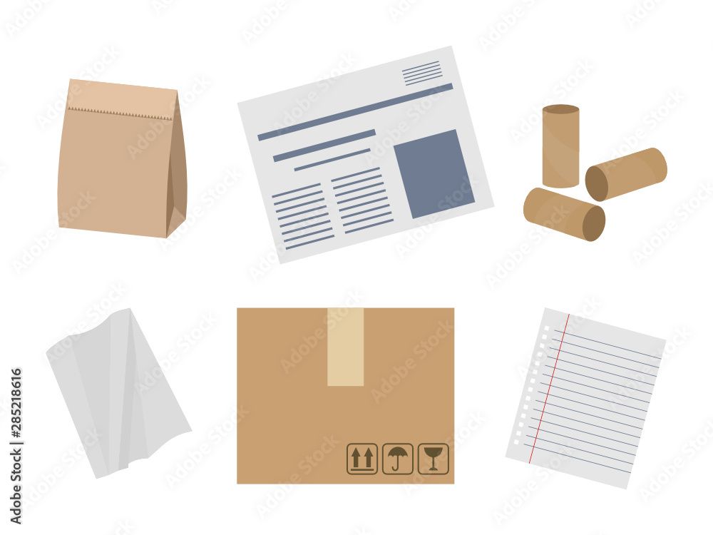 Paper waste suitable for recycling. Food bag, newspapers, cardboard ...