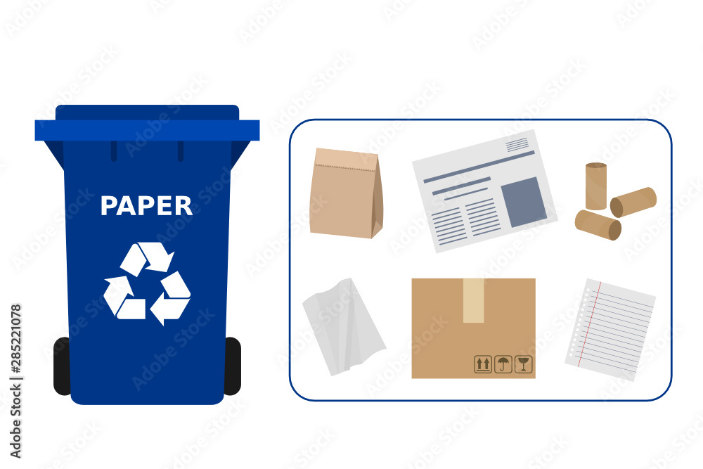 Blue trash can with paper waste suitable for recycling. Paper recycle ...