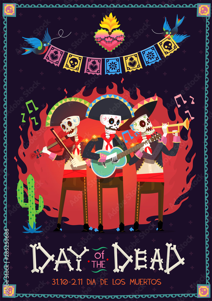 Day of the dead poster with three mariachi playing music and birds over ...