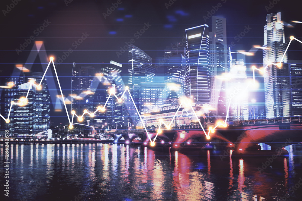 Financial chart on city scape with tall buildings background multi ...