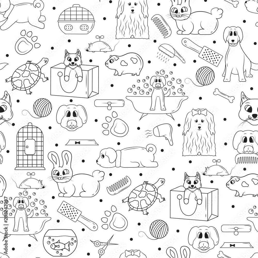 Pet shop seamless pattern. Line vector background for vet store or dog ...