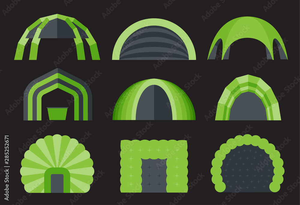 Set of various designs of inflatable tents for various purposes ...