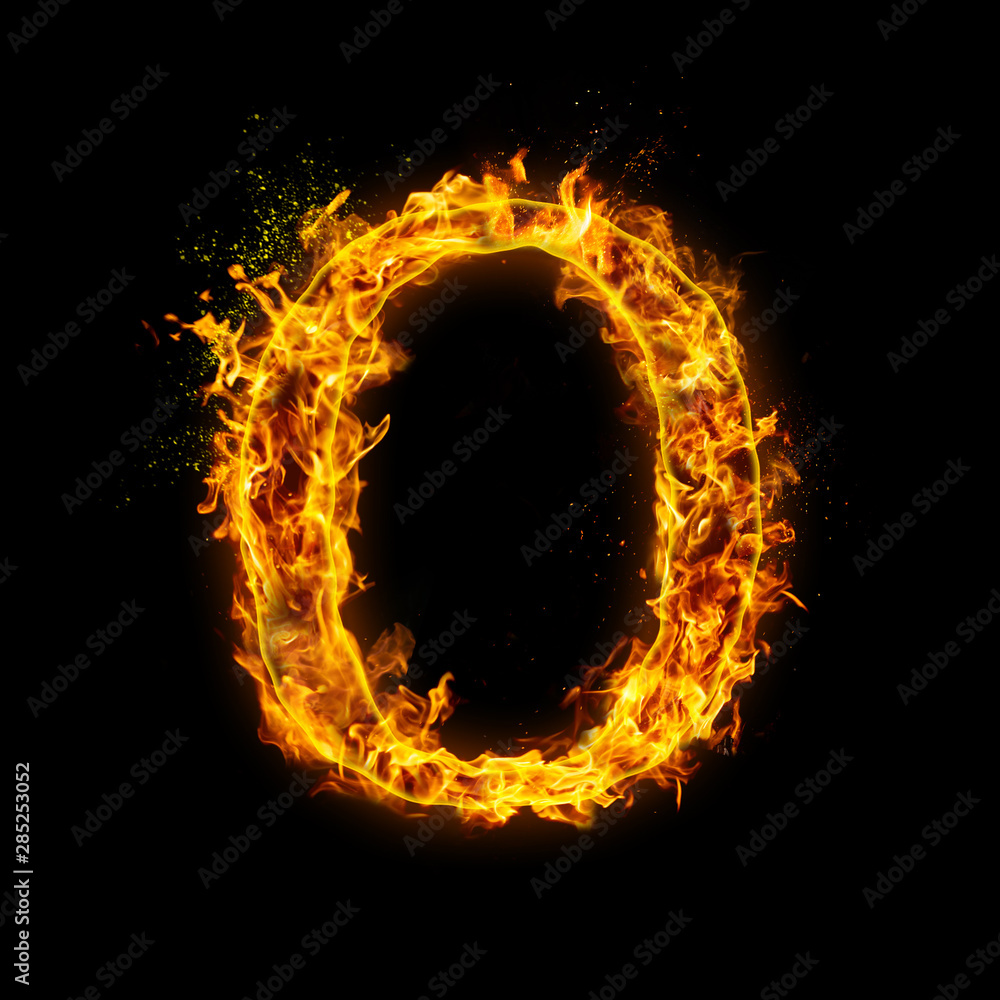 Letter O. Fire flames on black isolated background, realistick fire ...