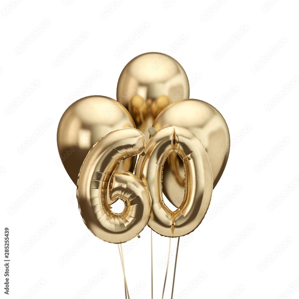 60th Birthday Gold Foil Bunch Of Balloons Happy Birthday 3d Rendering