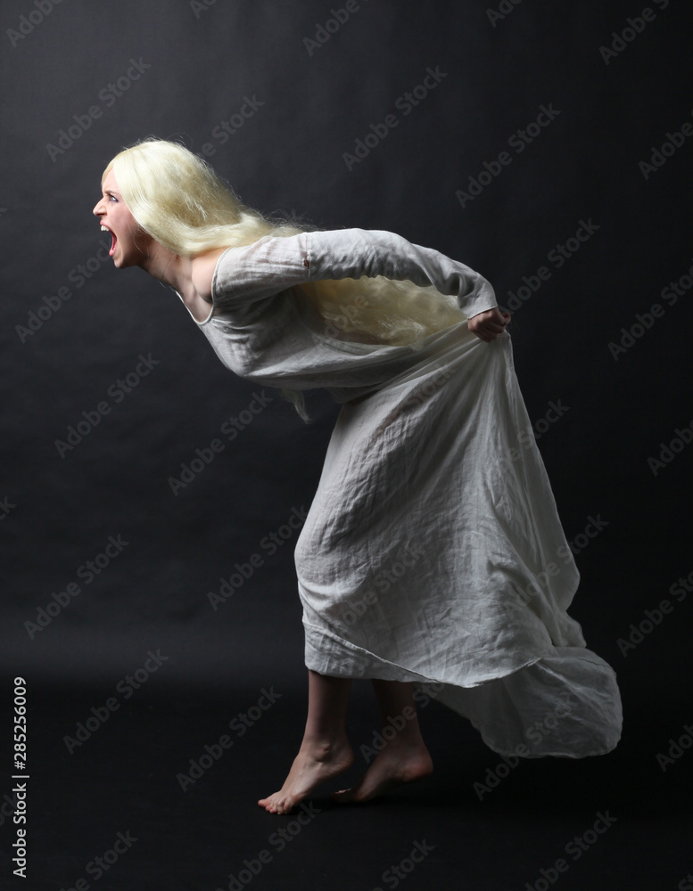 Ghostly full length portrait of a woman with long blonde hair wearing a ...