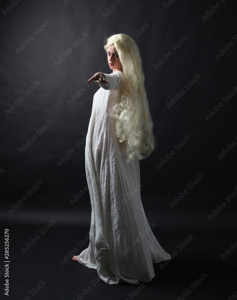 Ghostly full length portrait of a woman with long blonde hair wearing a ...
