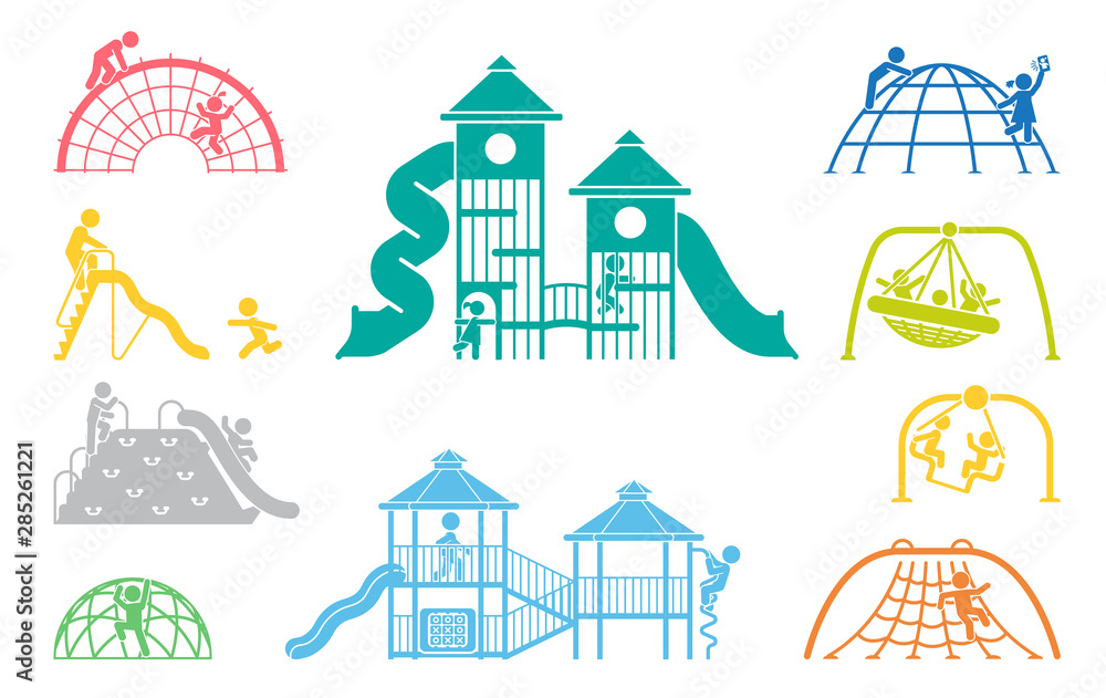 Children play on playground. Kid playground equipment icons. Childhood ...