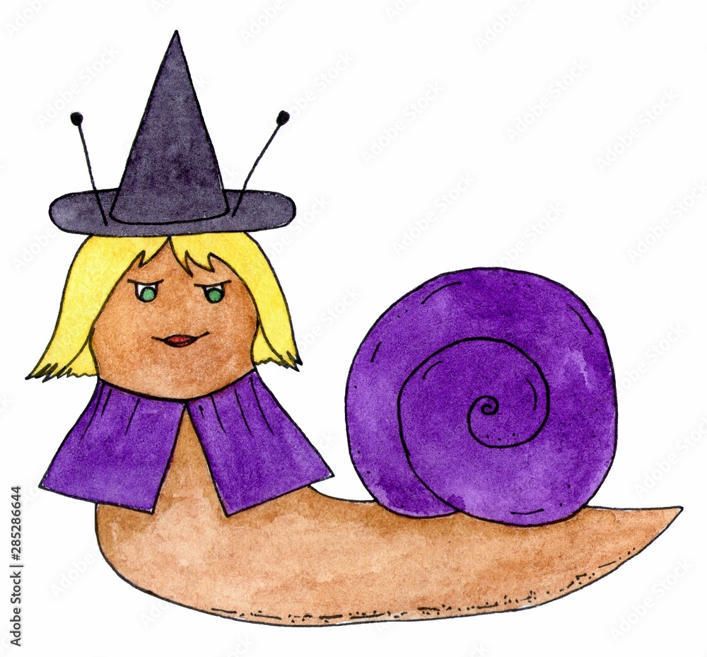 Watercolor hand drawn Halloween illustration cartoon snail witch ...