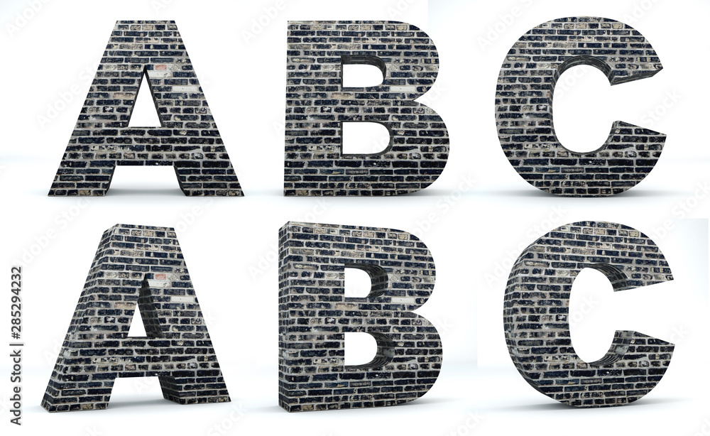 Font brick, alphabet build, letters A, B, C, 3d render, path save Stock ...