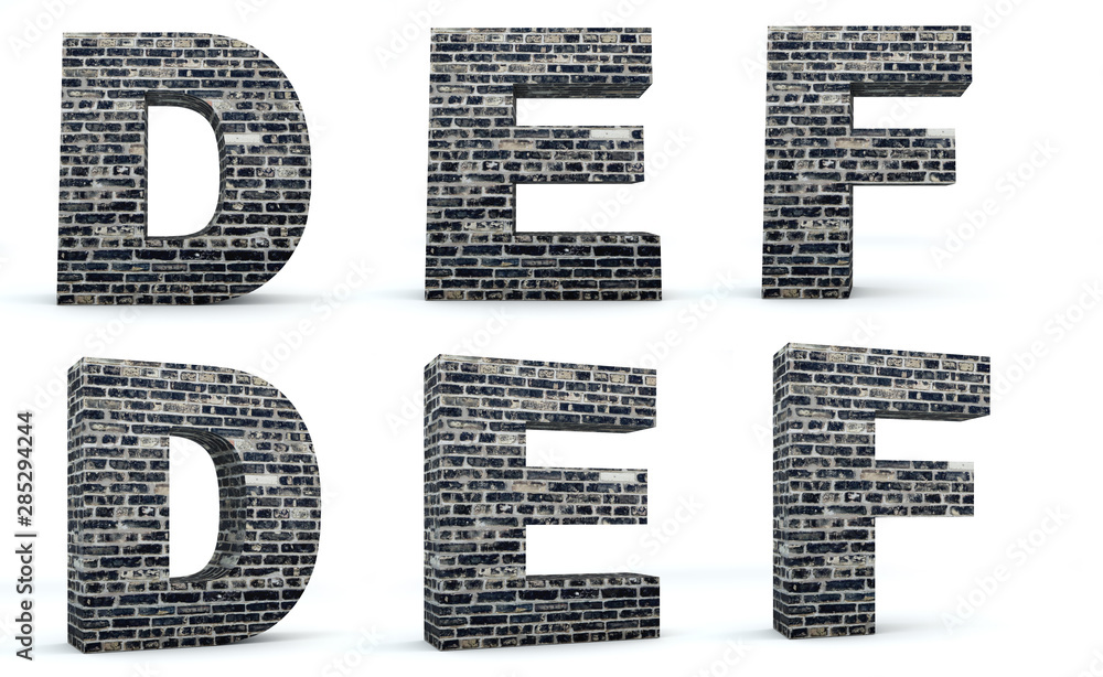 Font brick, alphabet build, letters D, E, F, 3d render, path save Stock ...