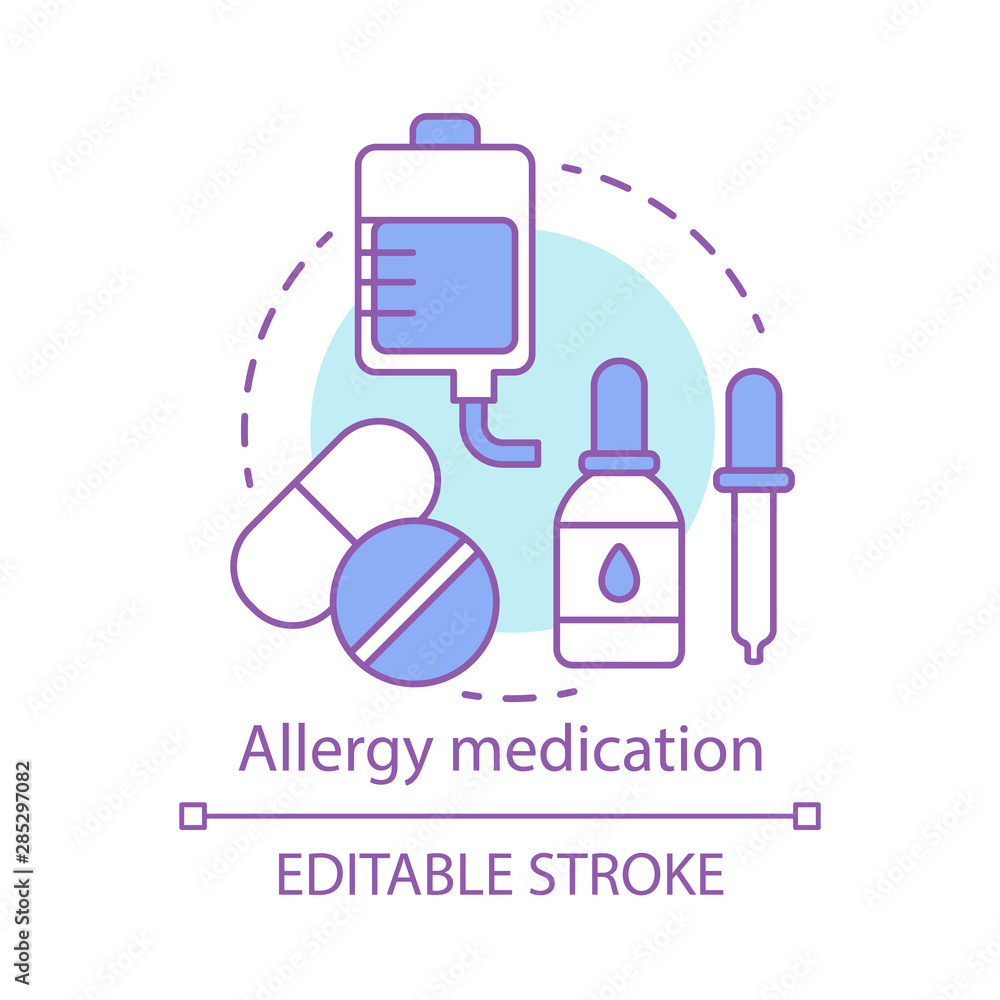 Allergy medication concept icon. Antihistamine drugs usage idea thin ...