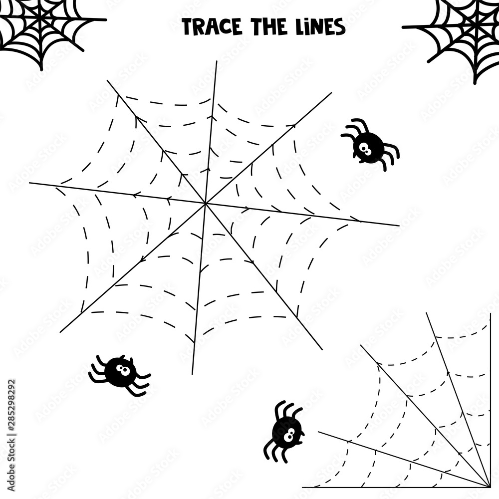 Halloween worksheet. Spider and his web. Tracing lines. Handwriting ...