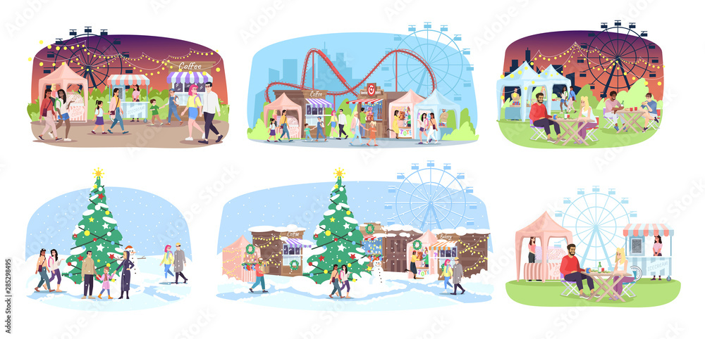 Fun fair flat vector illustrations set. Winter and summer street market ...