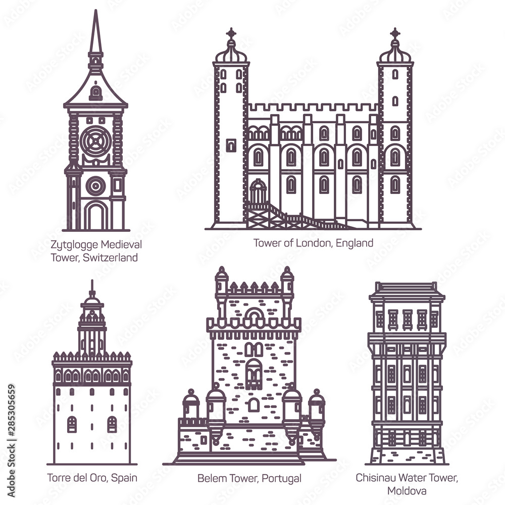 Medieval towers in thin line of Europe. Building Stock Vector | Adobe Stock