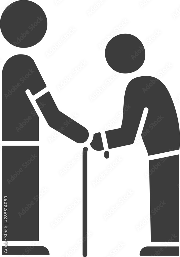 Elderly people help glyph icon. Volunteer responsibility for old people ...