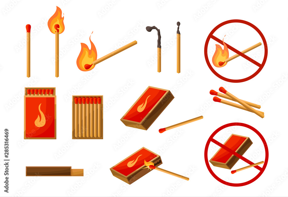 Matches big set. Burning match with fire, opened matchbox, charcoal ...