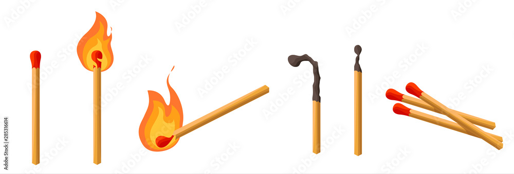 Matches set. Burning match with fire, match charcoal. Lights. Vector ...