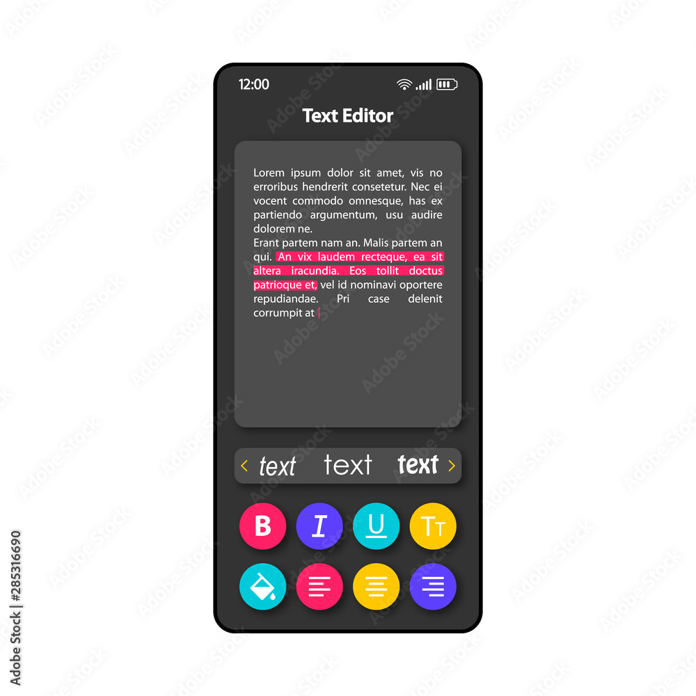 Text document editor smartphone interface vector template. Mobile app ...