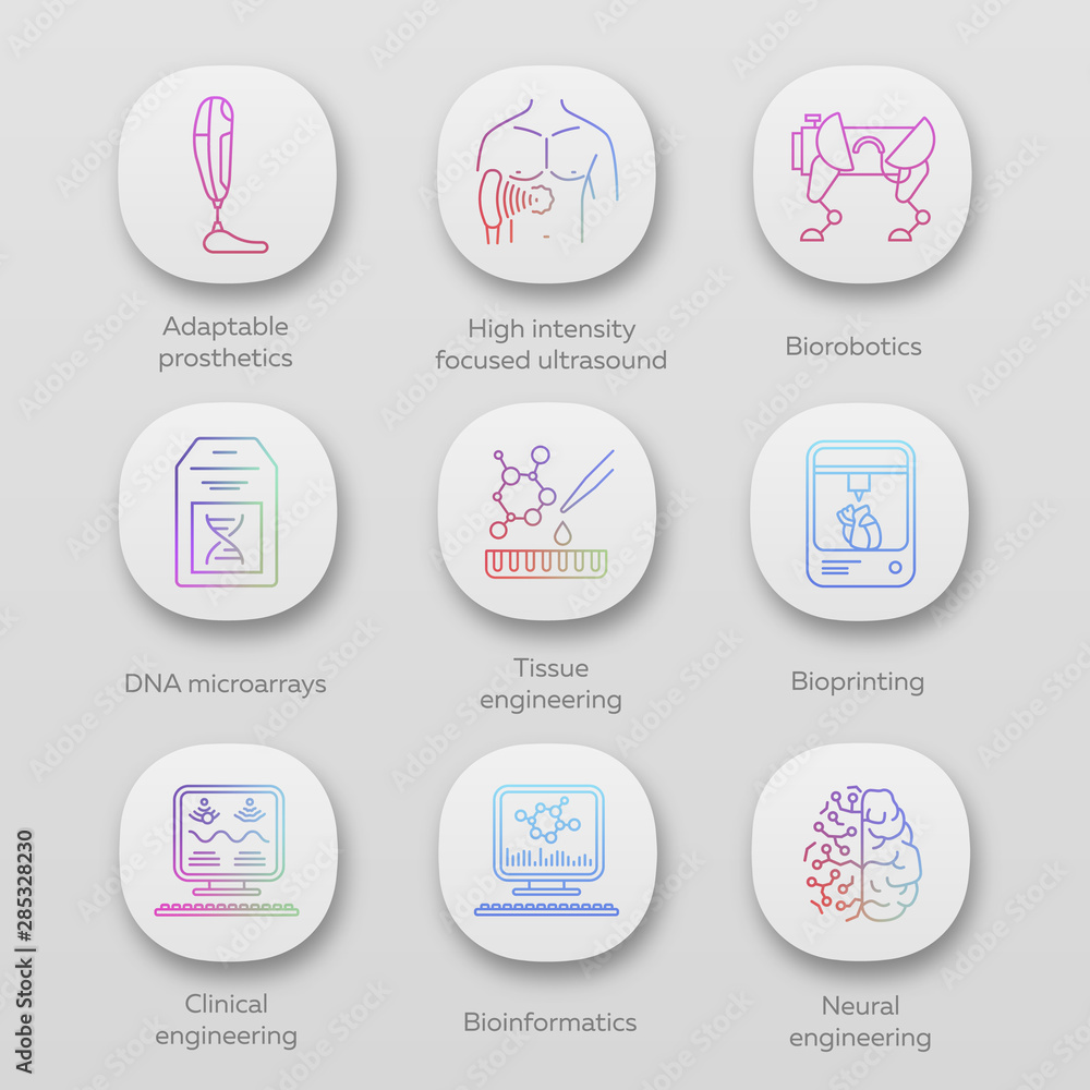 Bioengineering app icons set. Biotechnology. Molecular biology ...