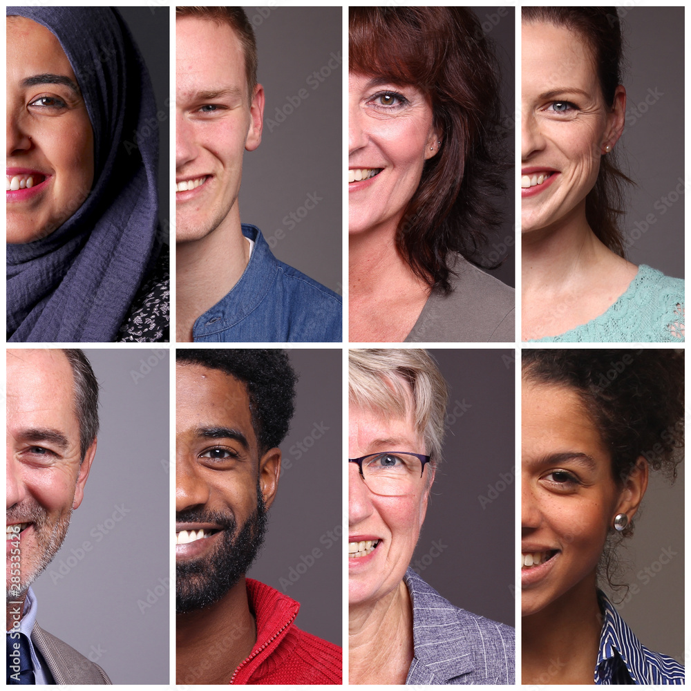 Different portraits of people in front of a grey background Stock Photo ...