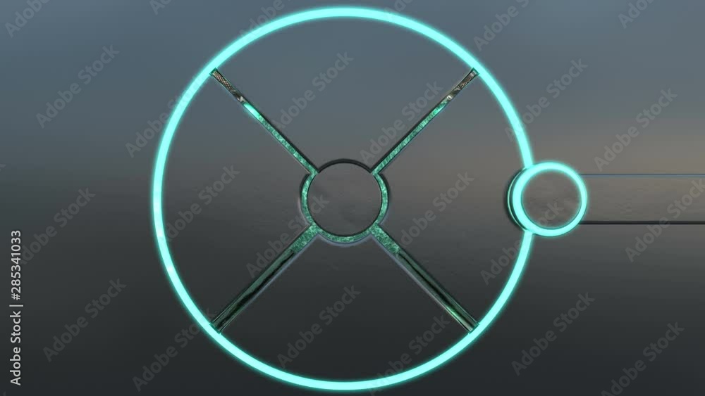 Metallic hatch with neon lights opens panoramic view to the spaceship ...