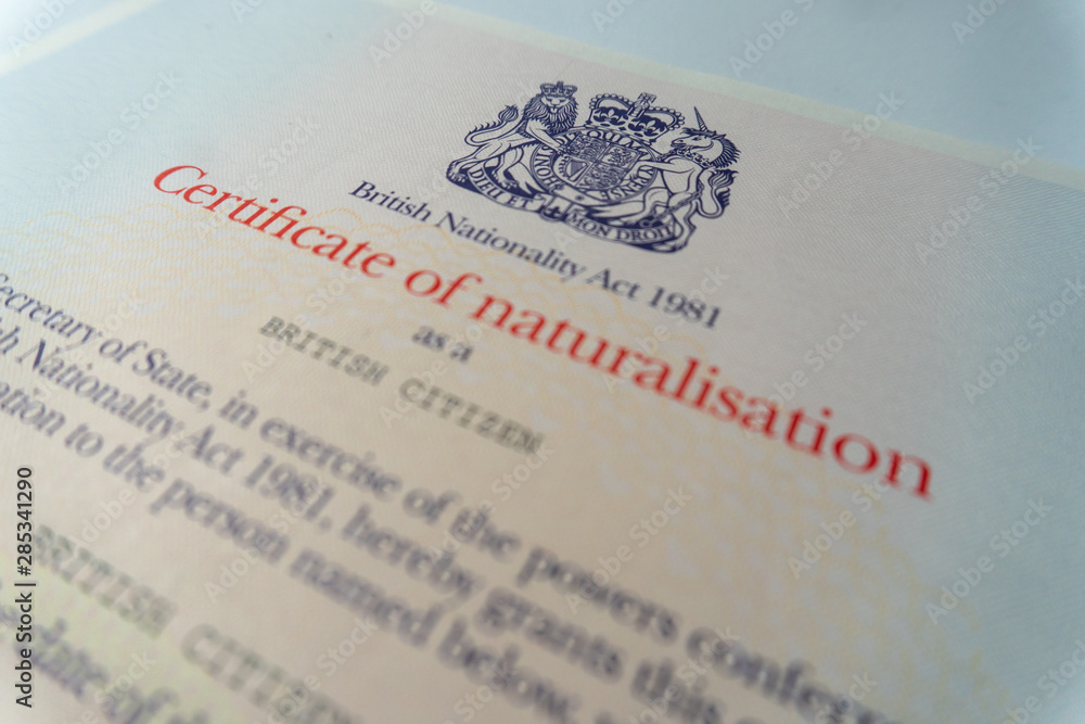 Official certificate of naturalisation awarded to new British Citizens ...