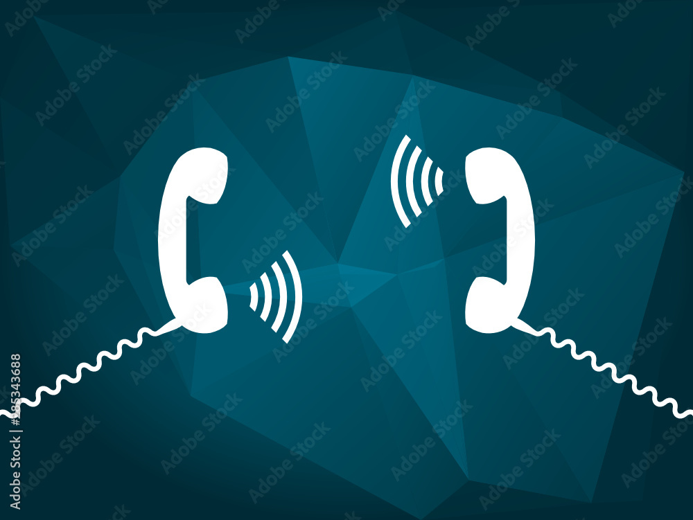 Two white retro phone receivers on a blue low poly background ...