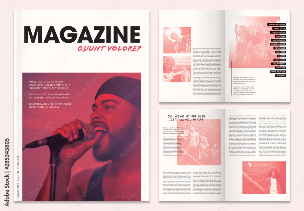 Magazine Layout with Red Overlay Elements Stock Template | Adobe Stock