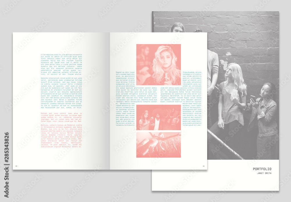 Portfolio Layout with Teal Text and Red Overlay Elements Stock Template ...