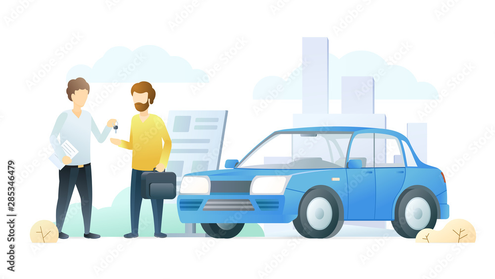Car dealership service flat vector illustration. Salesman gives ...
