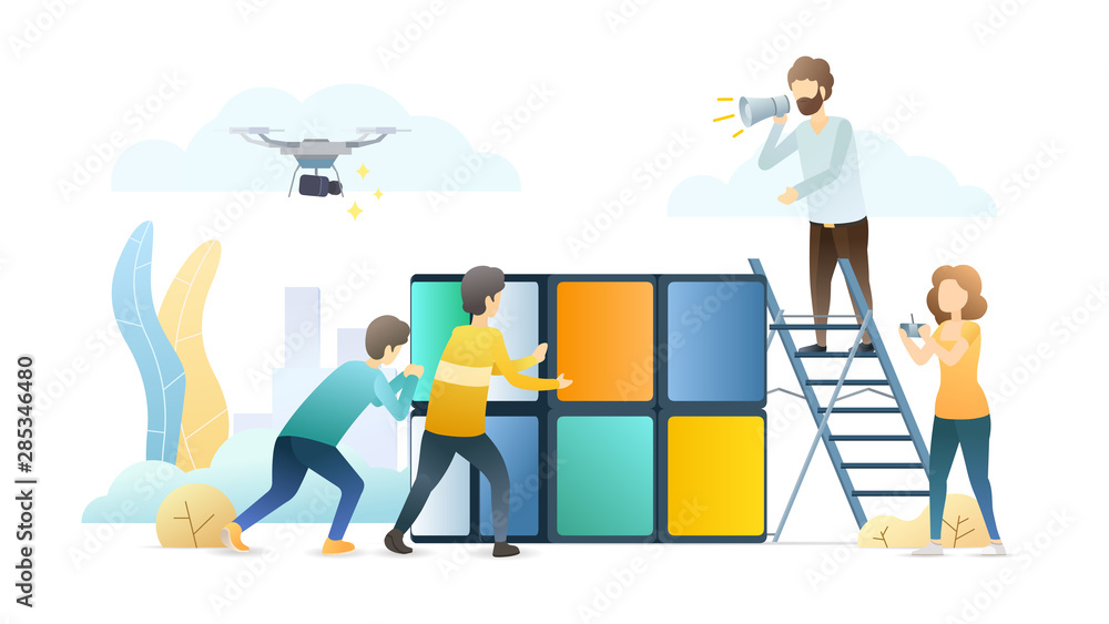 Team building exercise flat vector illustration. Leader with megaphone ...