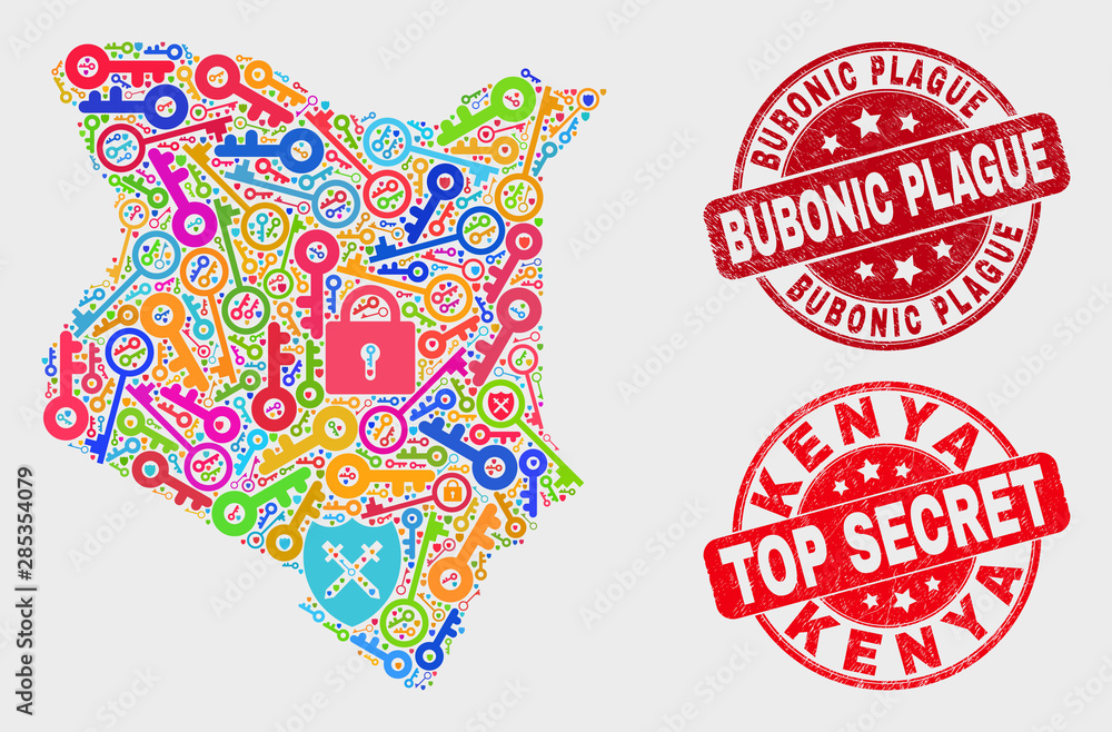 Safety Kenya map and seal stamps. Red rounded Top Secret and Bubonic ...