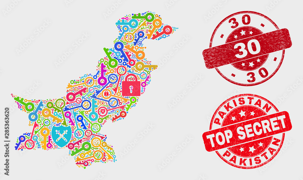 Protection Pakistan map and stamps. Red rounded Top Secret and 30 ...