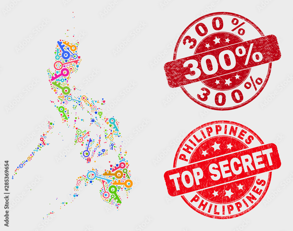 Key Philippines map and seal stamps. Red rounded Top Secret and 300% ...