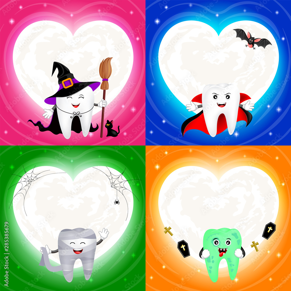 Four halloween cartoon tooth set with moon in heart shape. witch, count ...