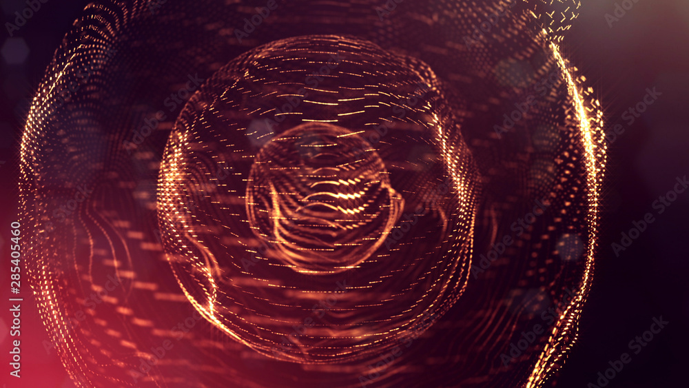 3d rendering background of glowing particles that form curved lines and ...