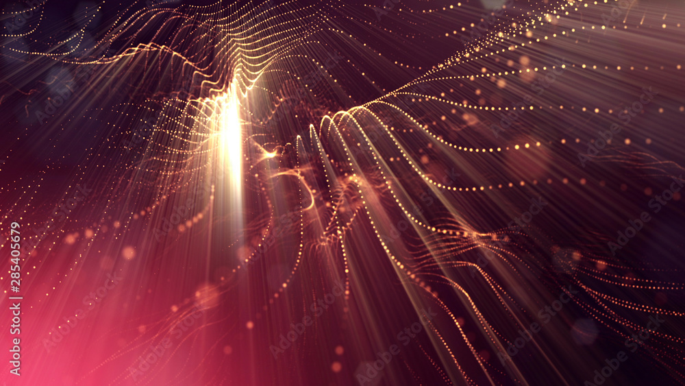 3d rendering background of glowing particles that form curved lines and ...
