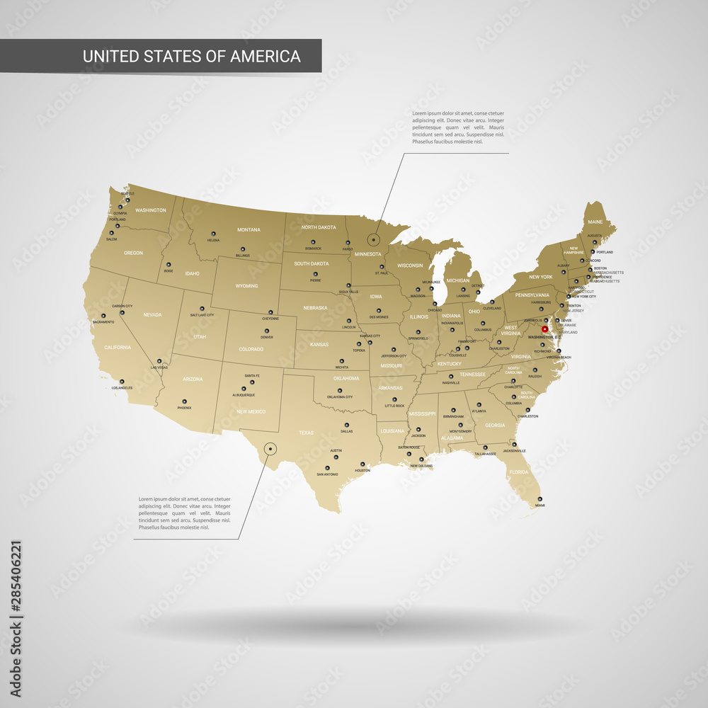 Stylized vector United States of America map. Infographic 3d gold map ...