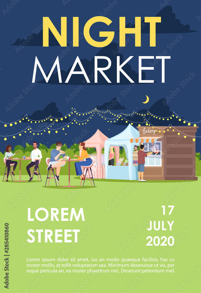 Night market brochure template. Food court at summer outdoor city fest ...