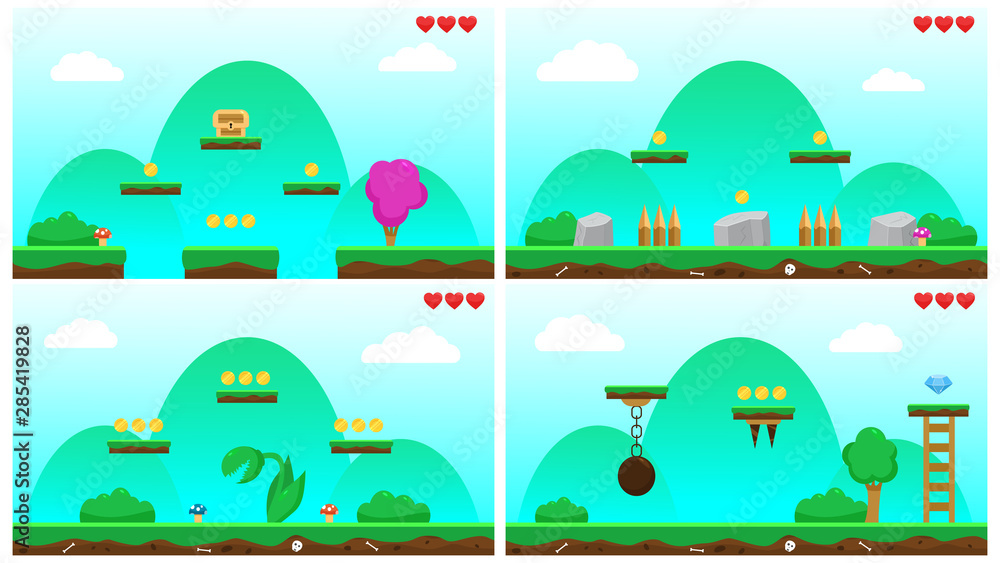 Game level background set. Vector cartoon style. Platformer video game ...