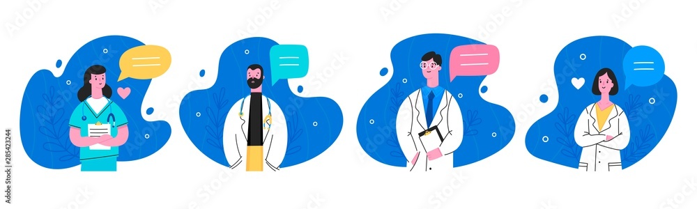 Hospital medical staff with speech bubbles. Male, female medicine ...