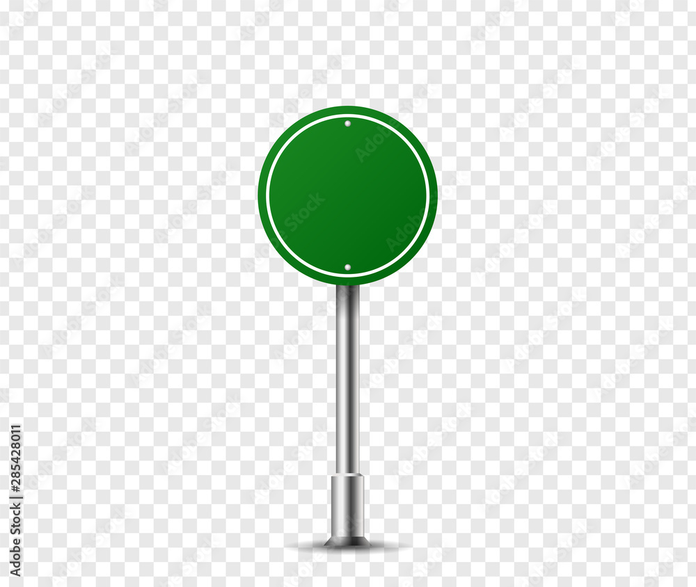 Realistic round traffic sign on metal steel pole isolated. Green road ...