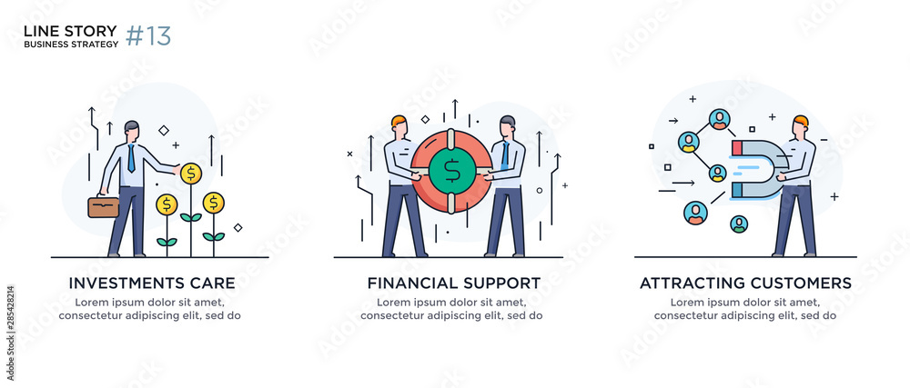 Set of illustrations concept with businessmen. Workflow, growth ...