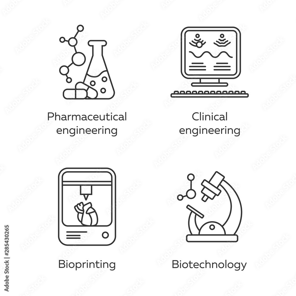 Bioengineering linear icons set. Pharmaceutical and clinical ...