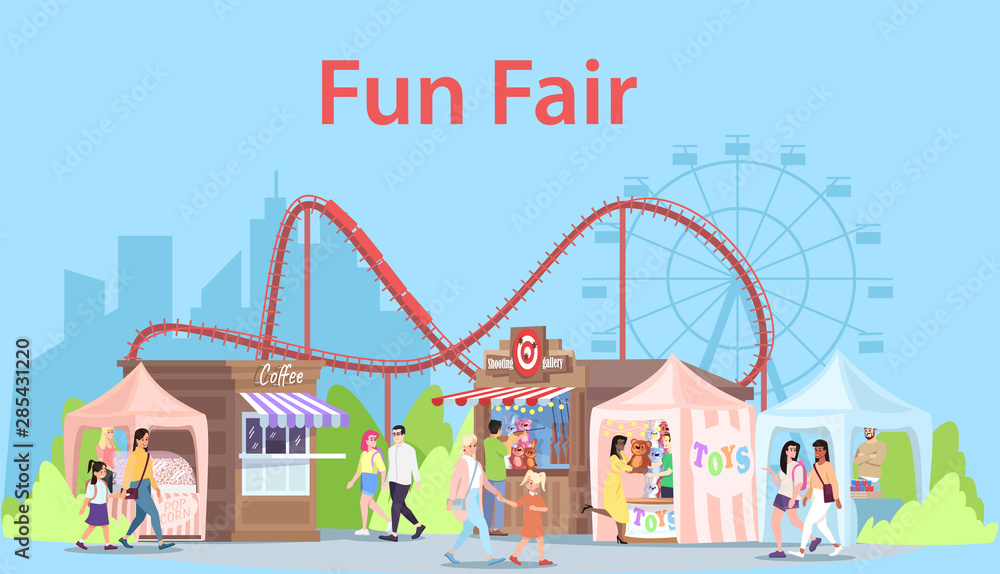 Funfair flat vector illustration. Amusement park attractions banner ...