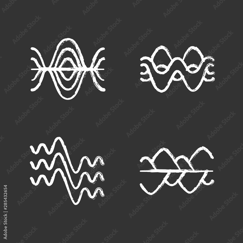 Sound waves chalk icons set. Vibration, noise amplitude, levels ...