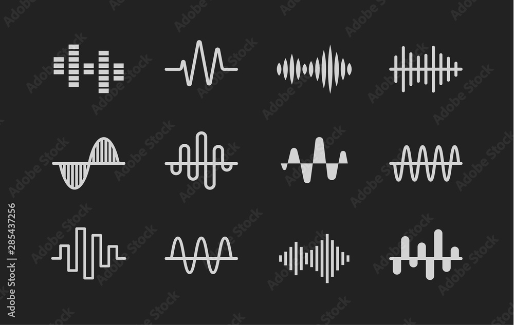 Sound logos. Set of Music, radio, cardio wave white icons, modern ...