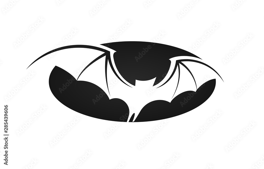 Bat in flight, wide wings, negative space silhouette of bat on black ...